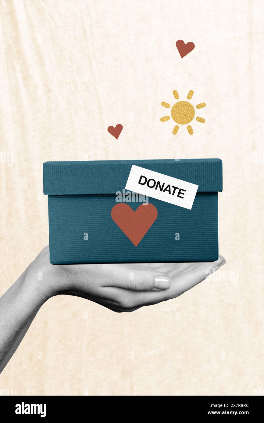Composite collage of beige color background donation charity hands hold ...