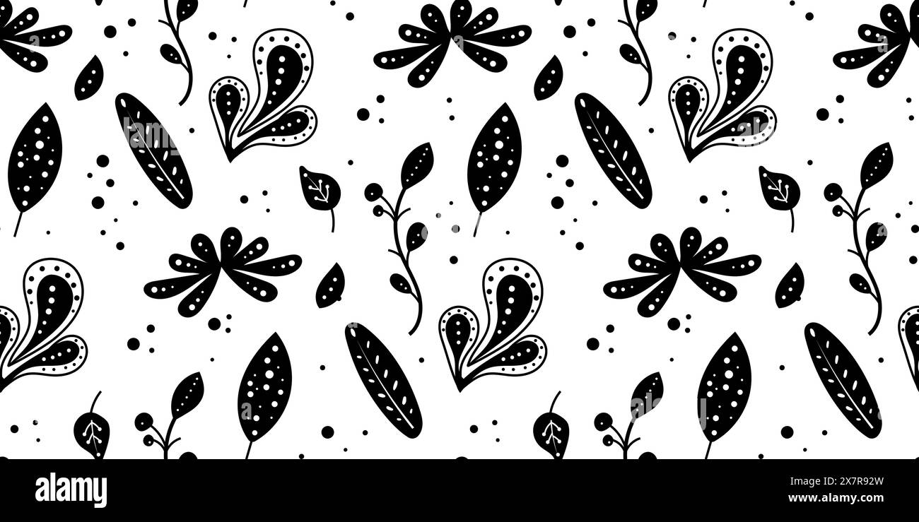 Seamless neo folk art vector pattern with flowers, black and white ...