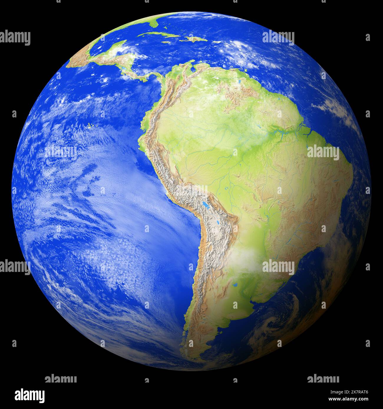 View of the earth from space showing Peru in the center of the image ...