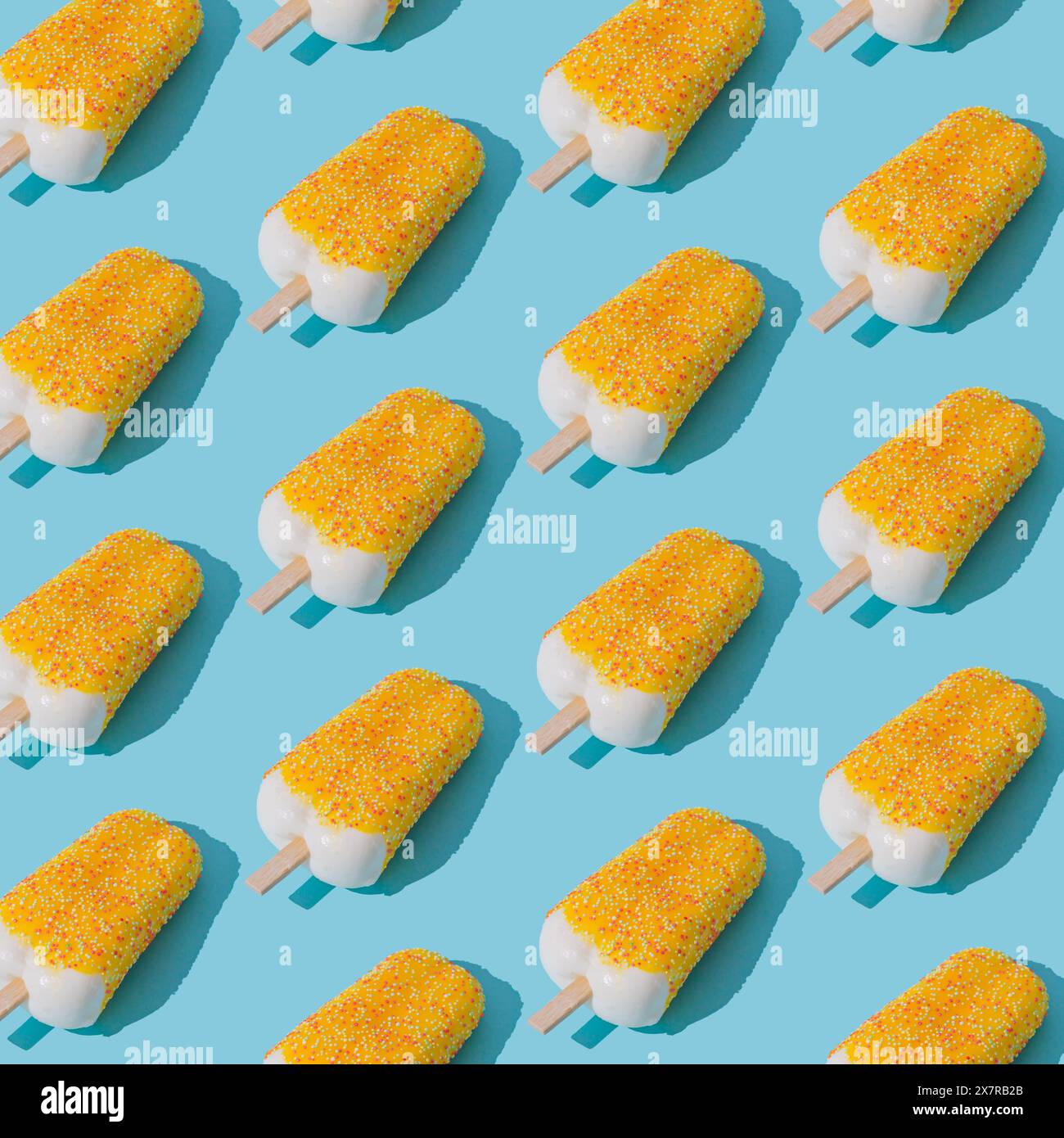 Trendy sunlight yellow glazed ice cream popsicle pattern on light blue ...