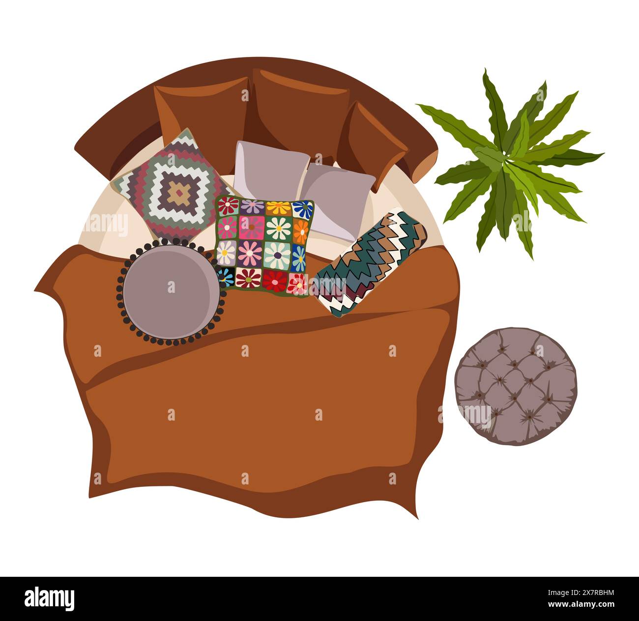 Round Bed With Colorful Hand Made Pillows Plaid Blanket Pouf And Potted Plant On The Side Top