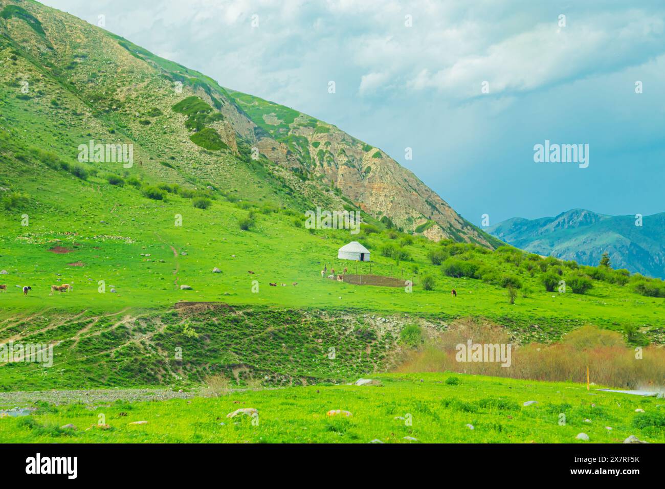 Beautiful spring landscape in the mountains with a yurt - traditional ...