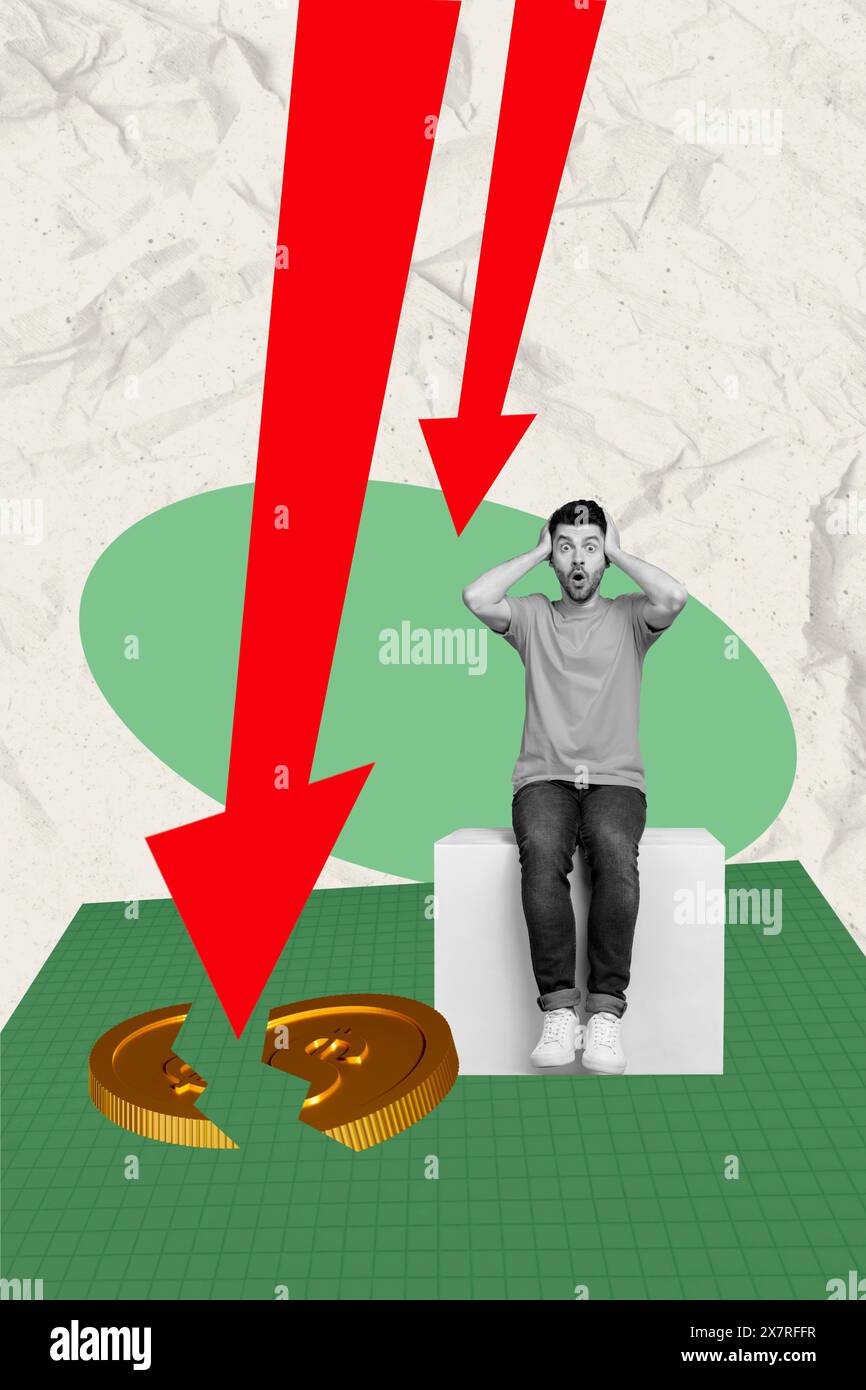Vertical creative picture collage young shocked man sit falling economy ...