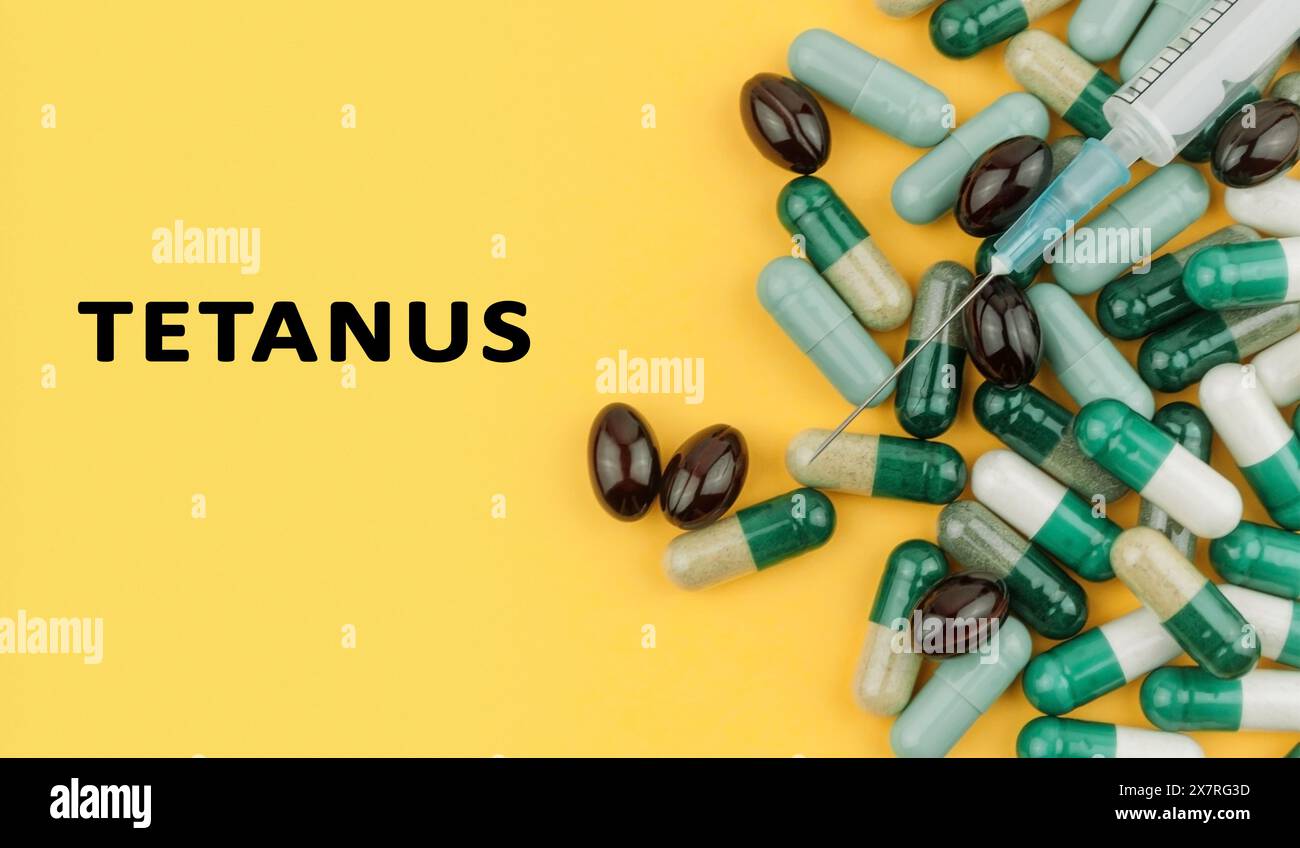 A bunch of pills with a syringe on top of them and the word Tetanus ...