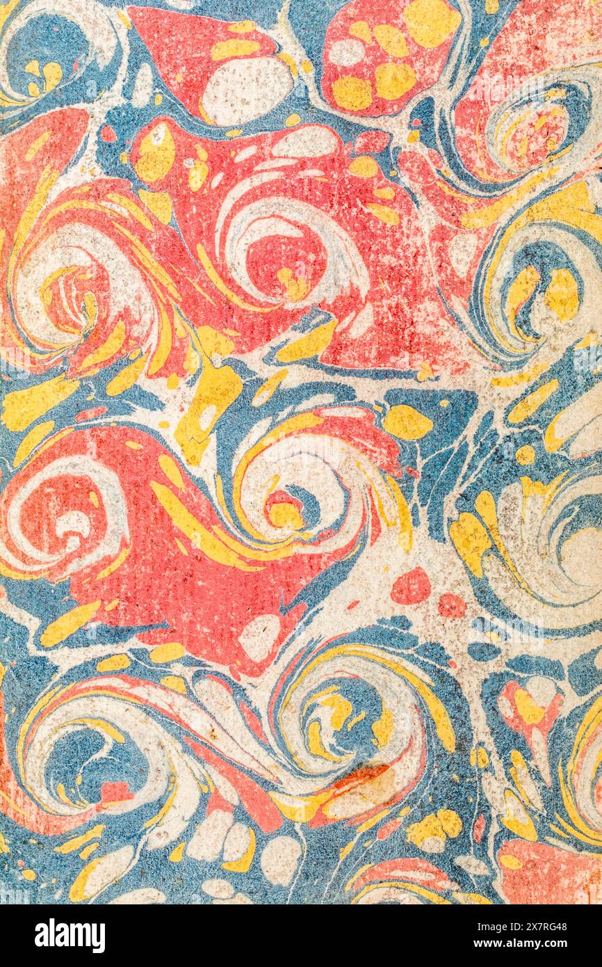 'Snail' motif marbled book endpaper from 1709 French botany book. An ...