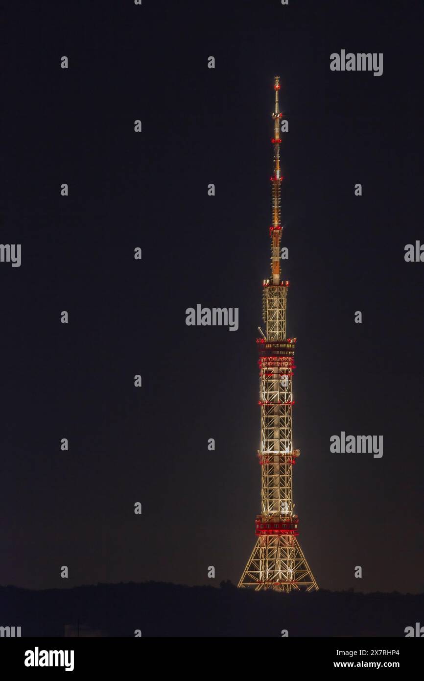 Kyiv TV Tower picturesquely illuminated in the night sky, Ukraine Stock ...