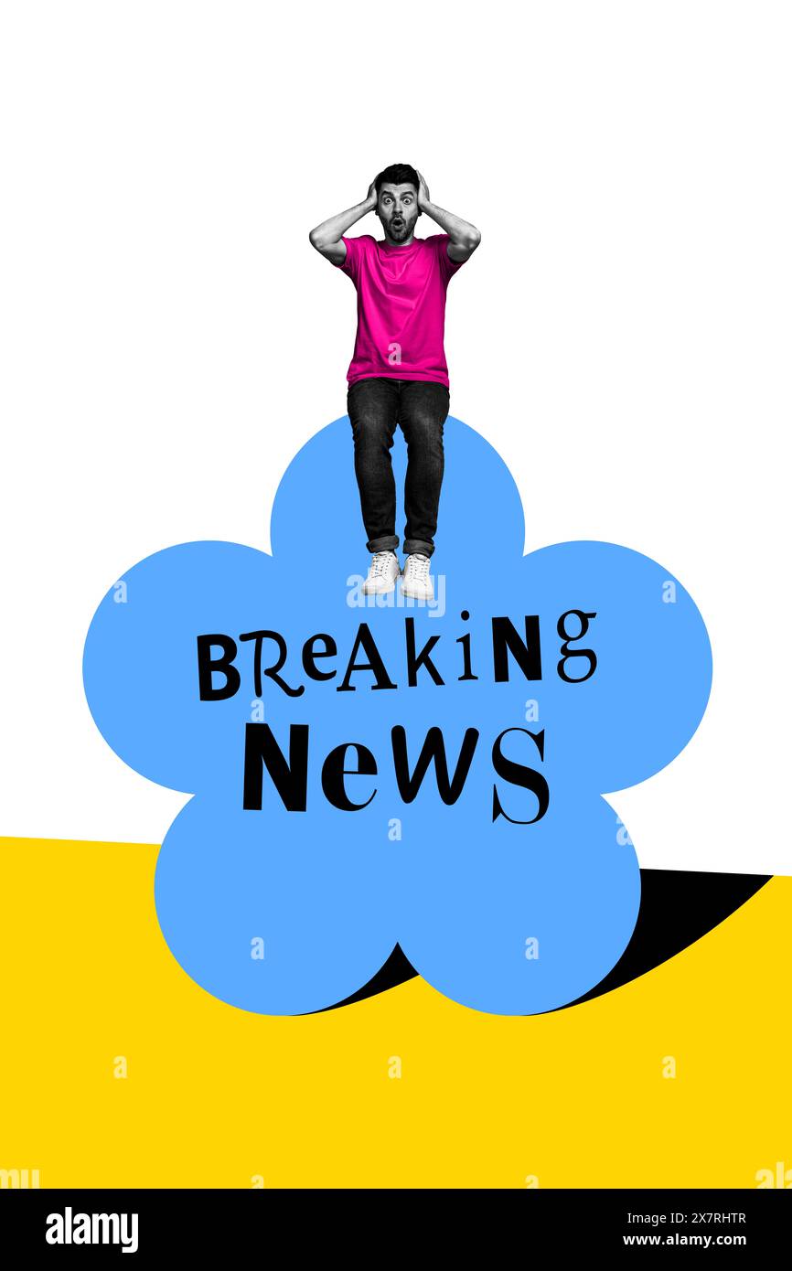 Collage image artwork of impressed man hands touch head wow breaking ...