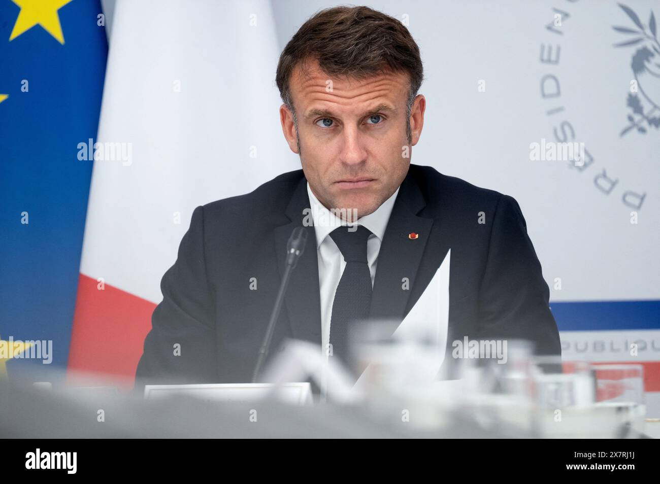 French President Emmanuel Macron attends a video conference as part as ...