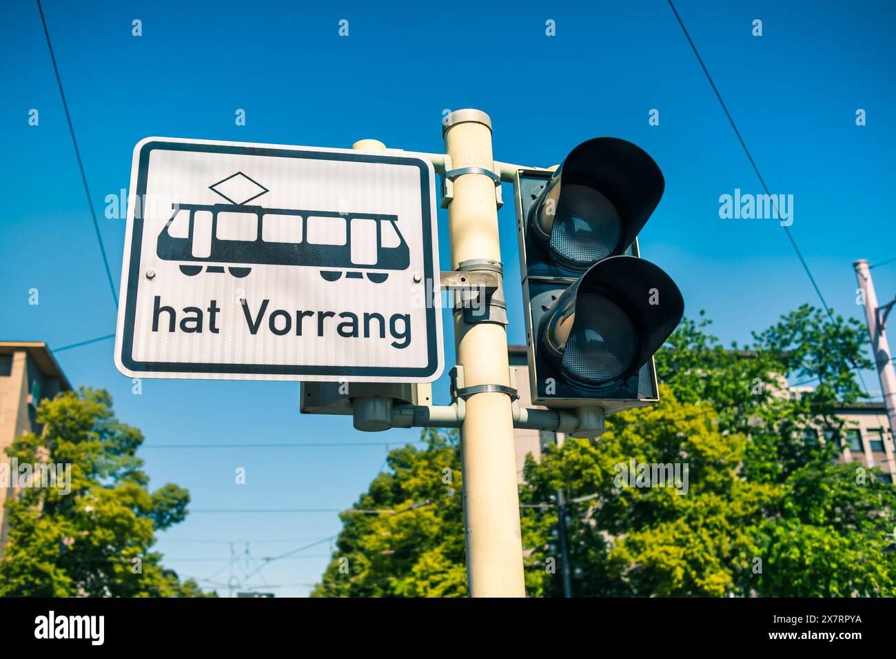 German traffic sign with 'Tram has priority' with traffic lights Stock ...