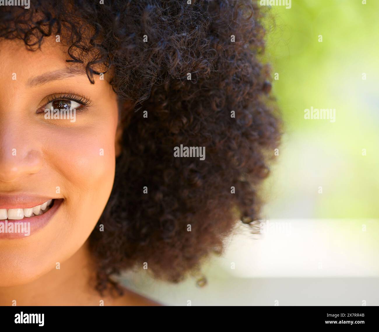 Close Up Head And Shoulders Portrait Of Smiling Woman Outside In ...