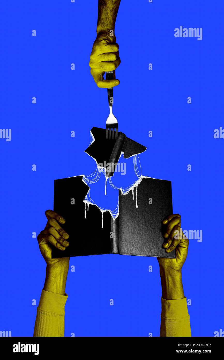 Composite artwork collage image of arms hold book fork eat isolated on ...