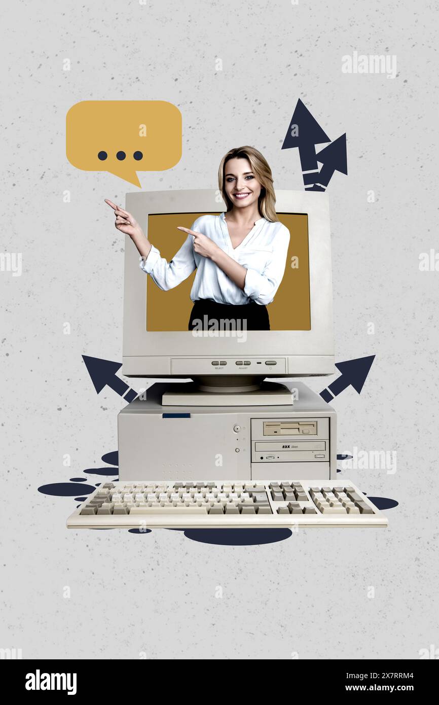 Collage artwork graphics picture of lady inside obsolete computer ...