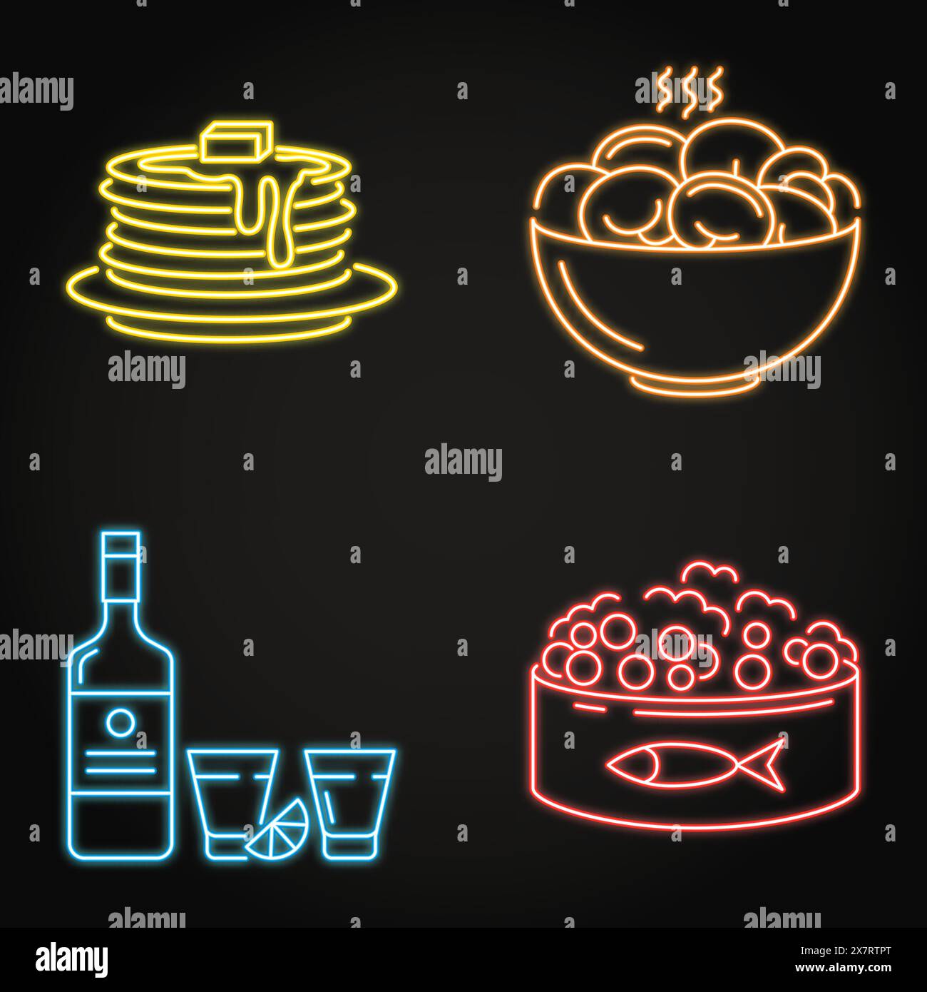 Russian national food neon icon set. Pancakes, red caviar, pelmeni and ...