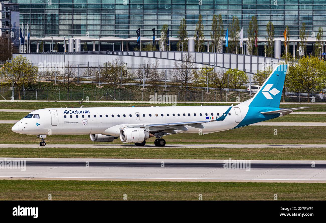 Munich, Germany, 6th Apr 2024: An Embraer 195LR from Air Dolomiti taxis ...