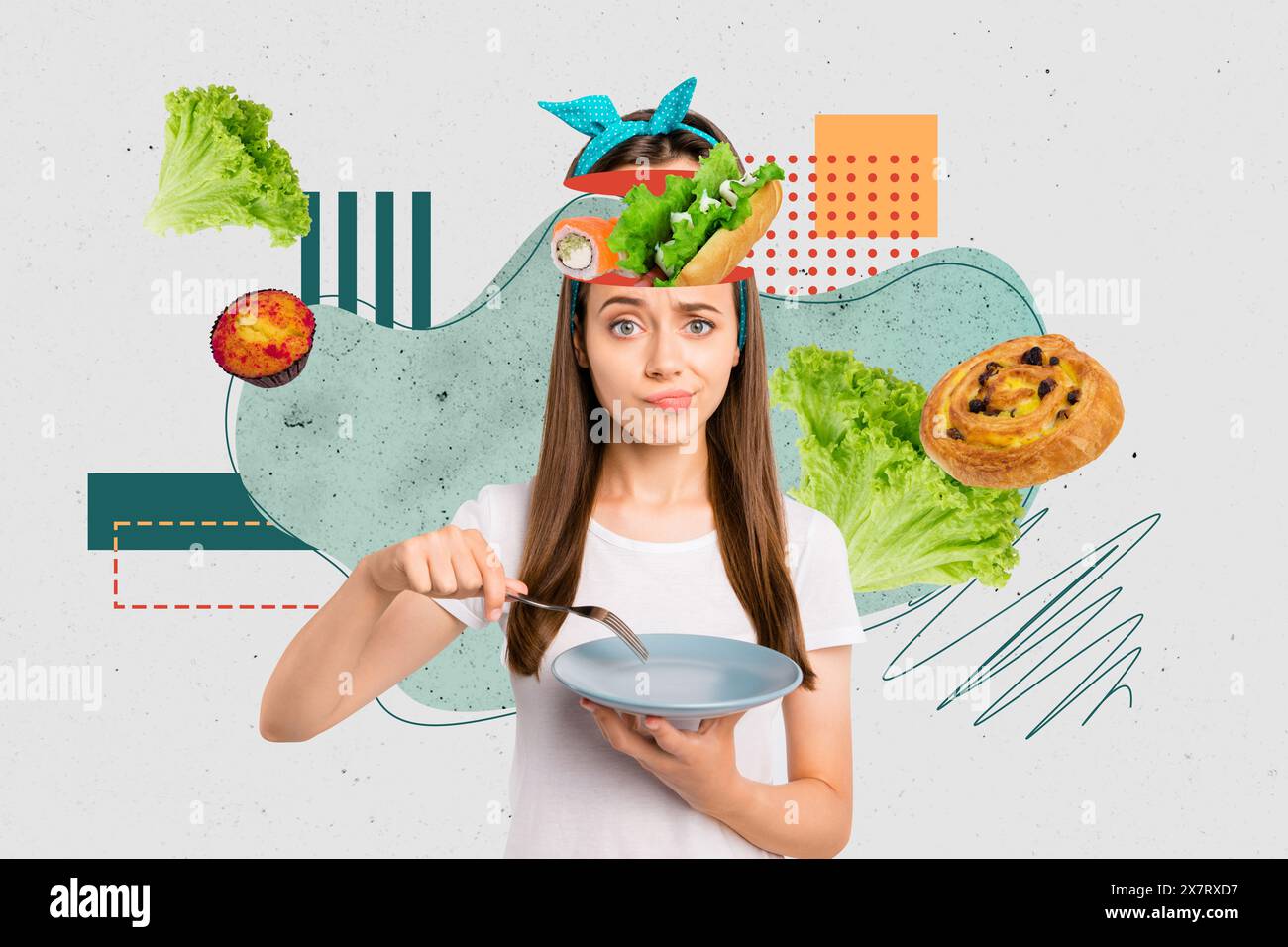 Composite photo collage of doubtful girl cut head eat empty plate hunger decision junk healthy ...