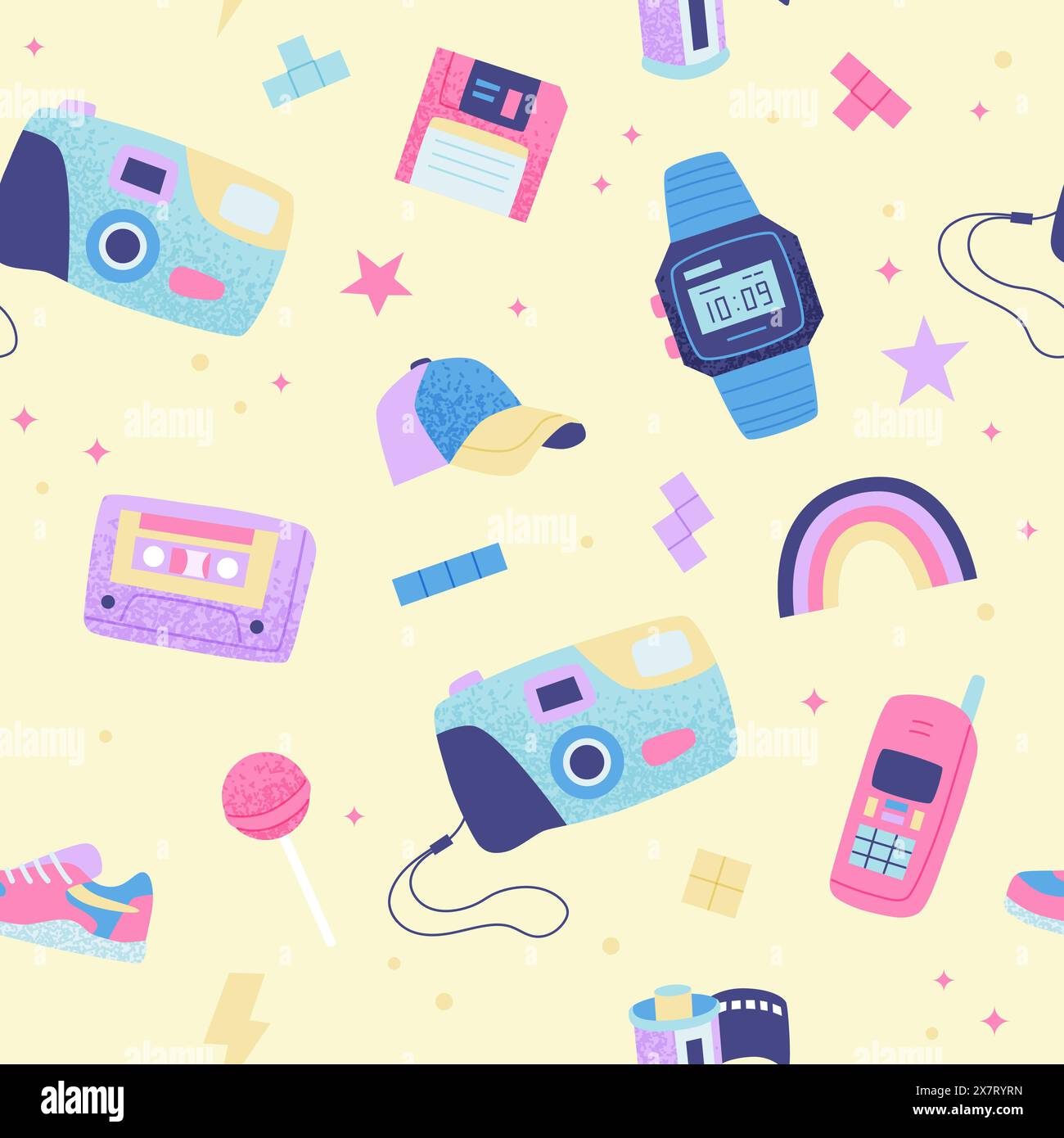 90s retro seamless pattern. Cute bright multicolor elements. on yellow ...