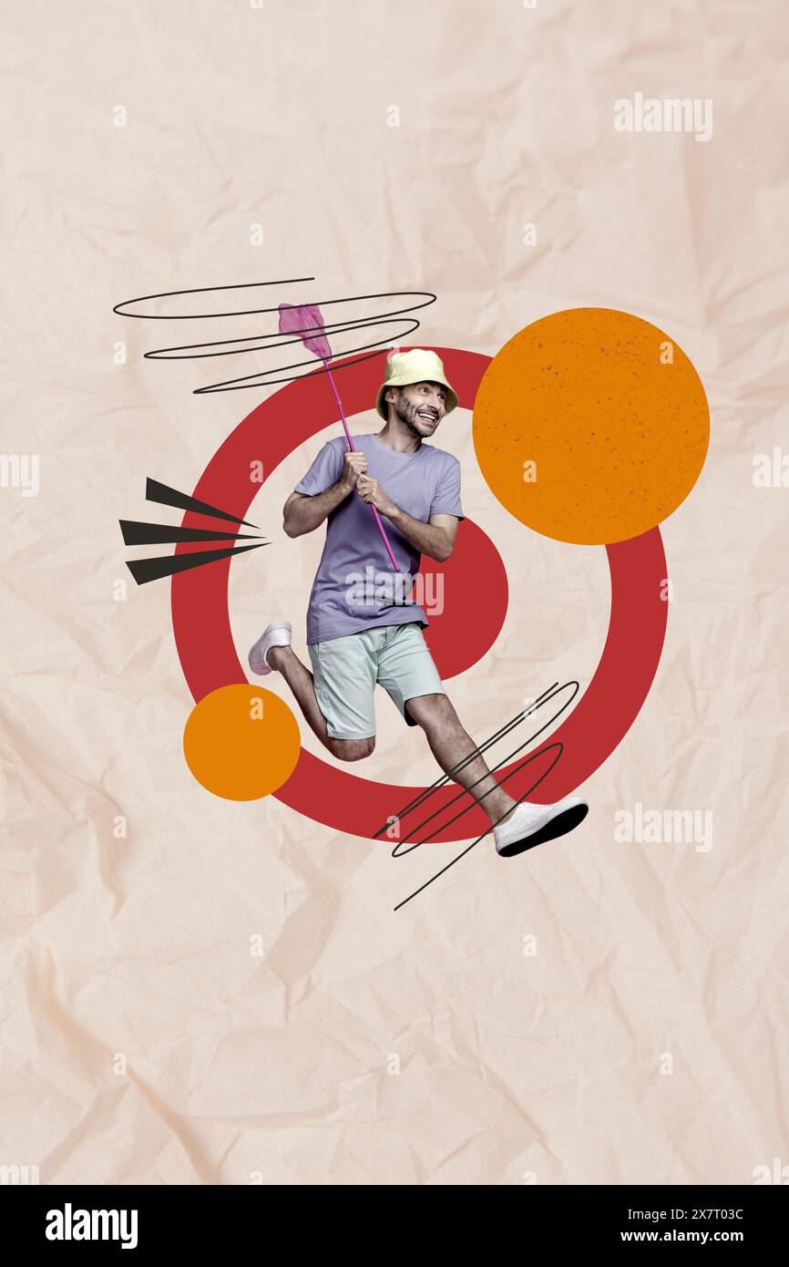 Artwork magazine collage picture of funny guy catching insects isolated ...
