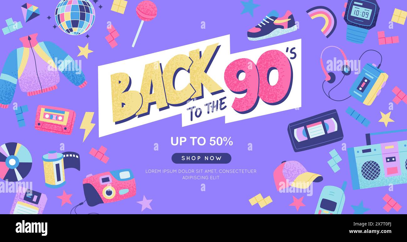 90s banner. Bright multicolour hand drawn lettering and elements ...