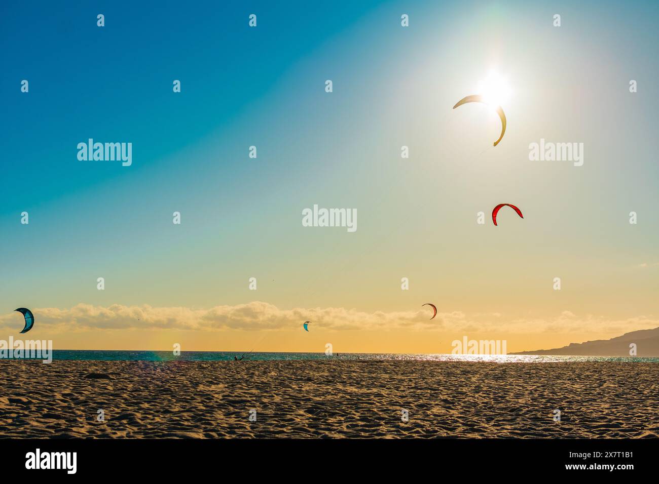 group of kitesurfers, practicing their favorite sport in the sunsets of ...