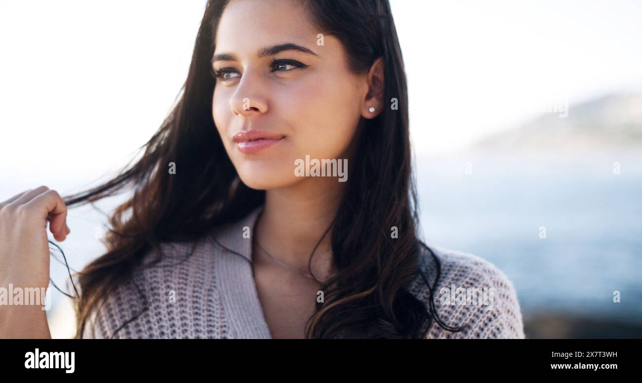 Outdoor, hair and face of woman, relax and Gen z in nature for break ...