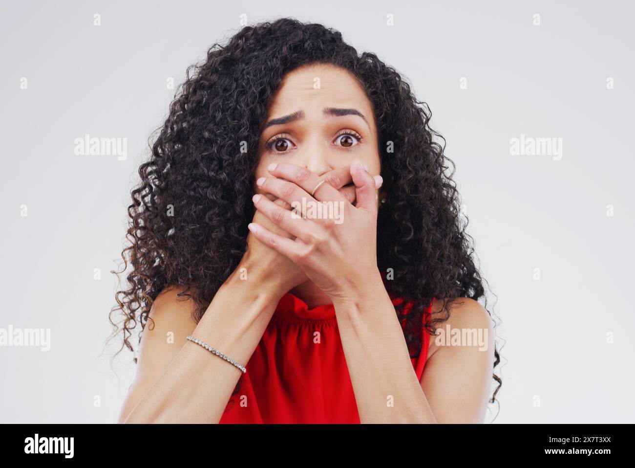 Woman, portrait and shocked for news, announcement and secret in studio ...