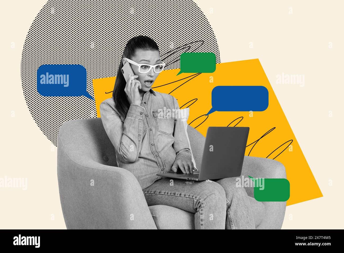 Creative picture collage young sitting shocked woman overloaded ...