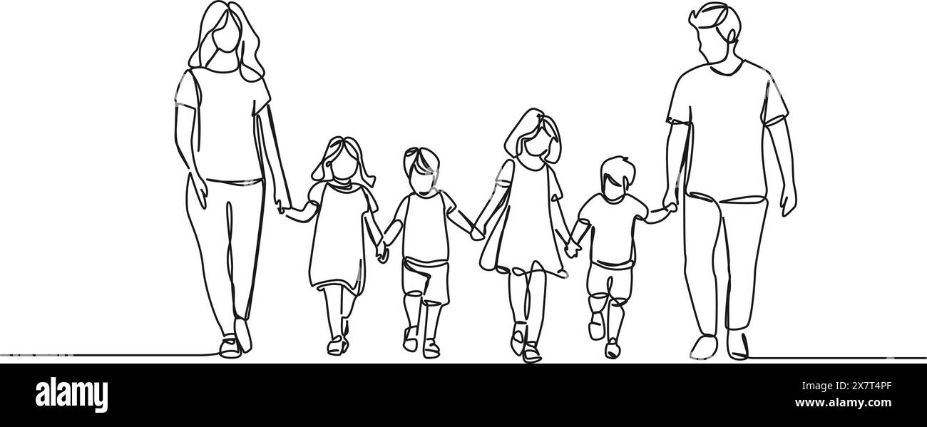continuous single line drawing of mom and dad with four kids, patchwork ...