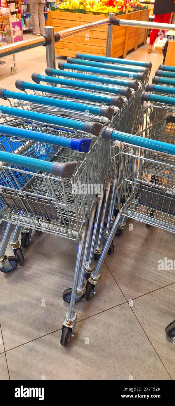A row of empty shopping carts lined up neatly in a grocery store aisle ...