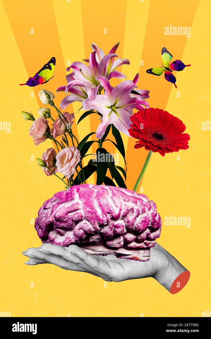 Vertical weird creative collage illustration of absurd human brains ...