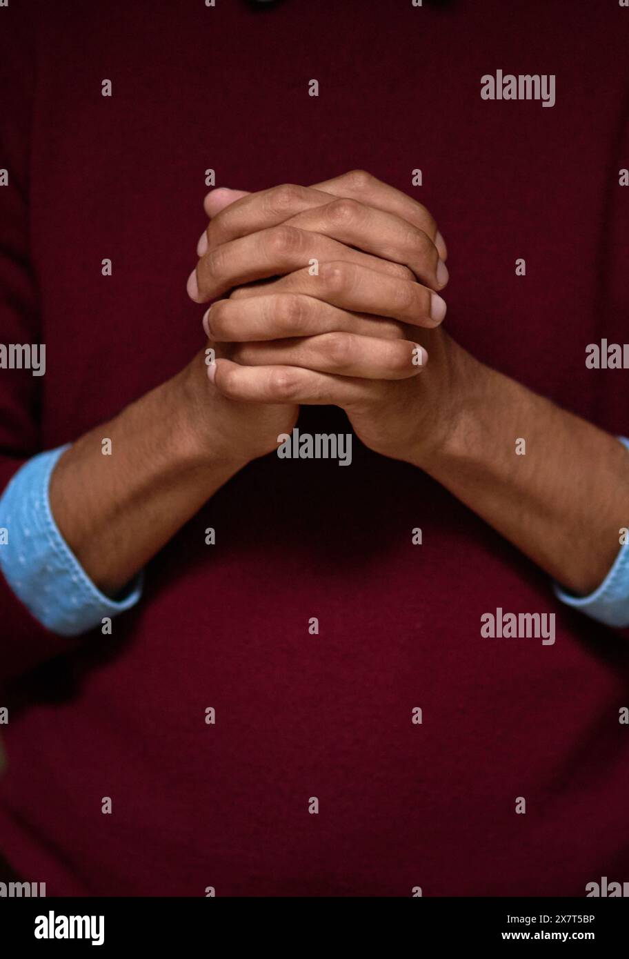 Faith, hands and prayer with Christian person closeup at church for ...