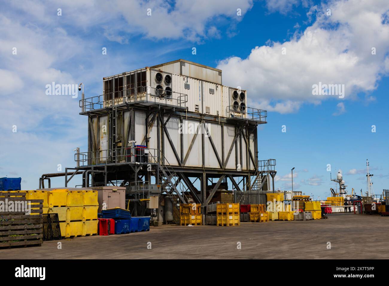 Ice making plant for fish packing. Newlyn harbour, Cornwall, West ...