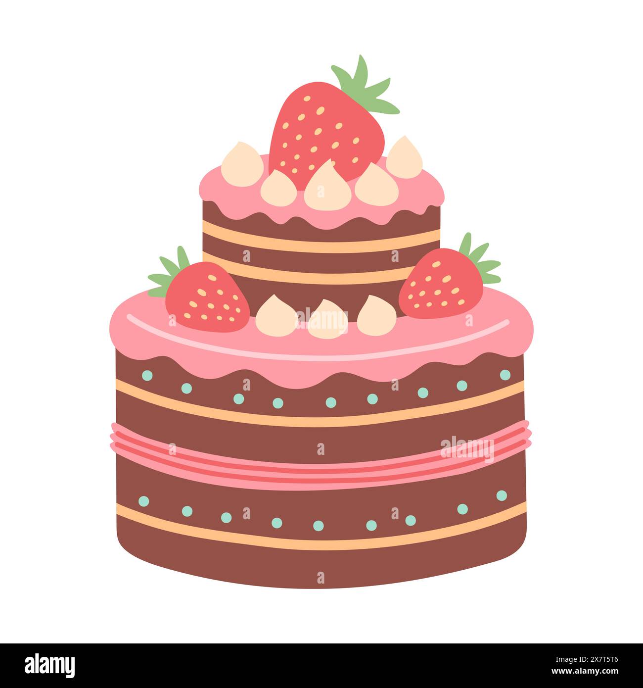 Birthday strawberry cake isolated on white. Flat cartoon design for ...