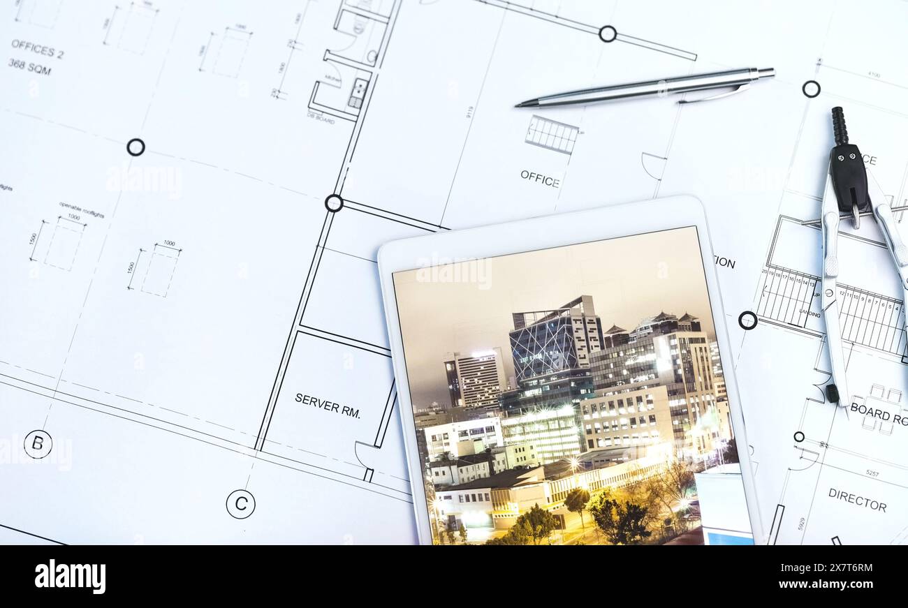 Architecture, blueprint and tablet or drawing top view as development ...