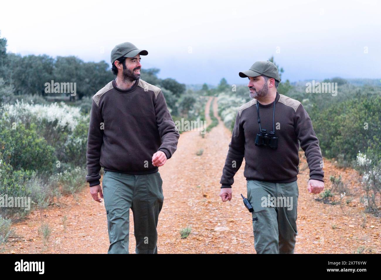 Two forest ranger men in uniform walking through nature. Forest guard ...