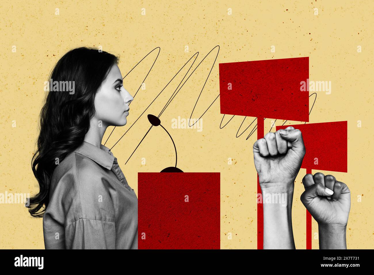 Composite photo collage of brunette girl president stand tribune mic ...