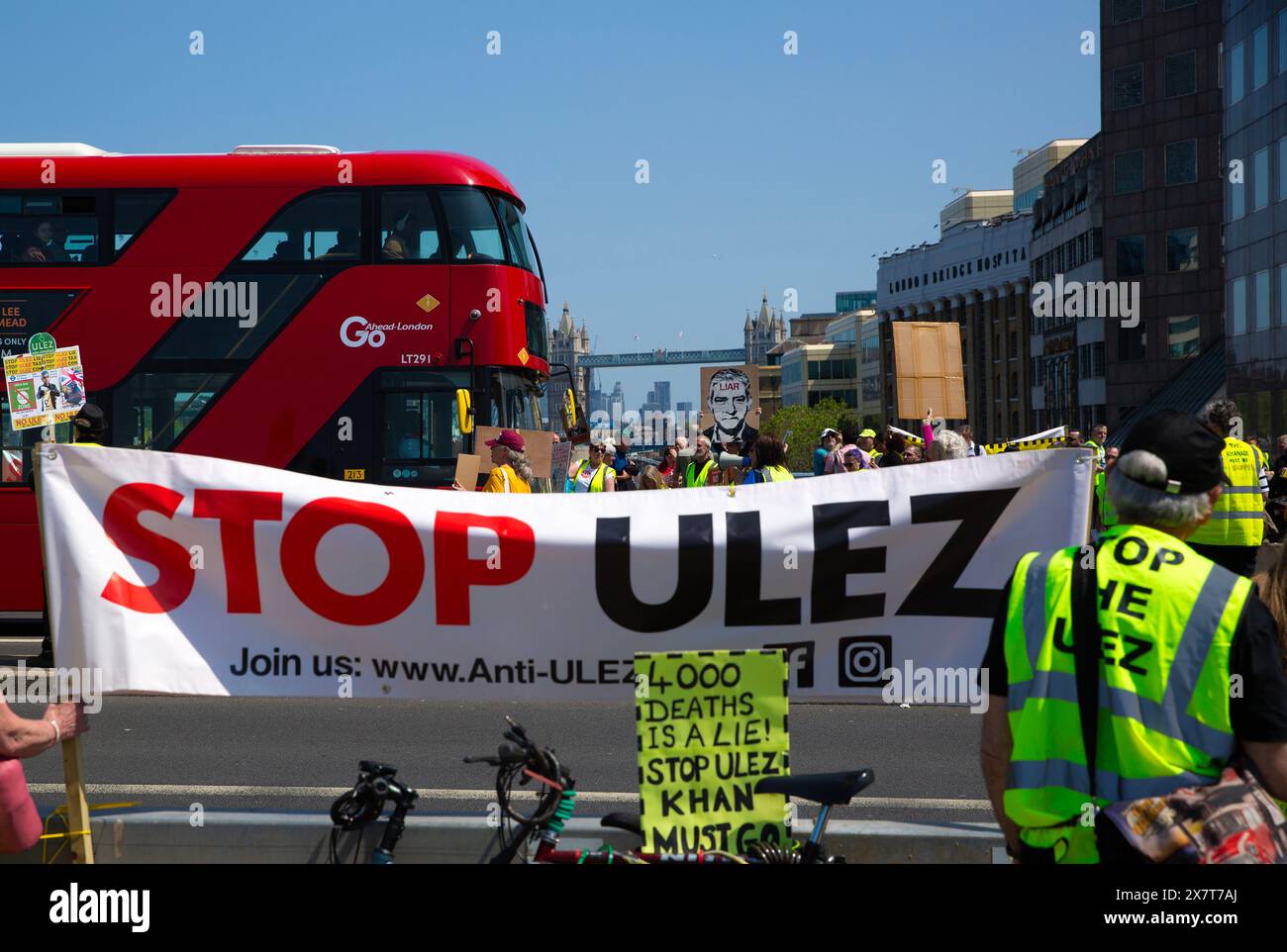 Banners and placards are seen as participants gather for an anti-ULEZ ...