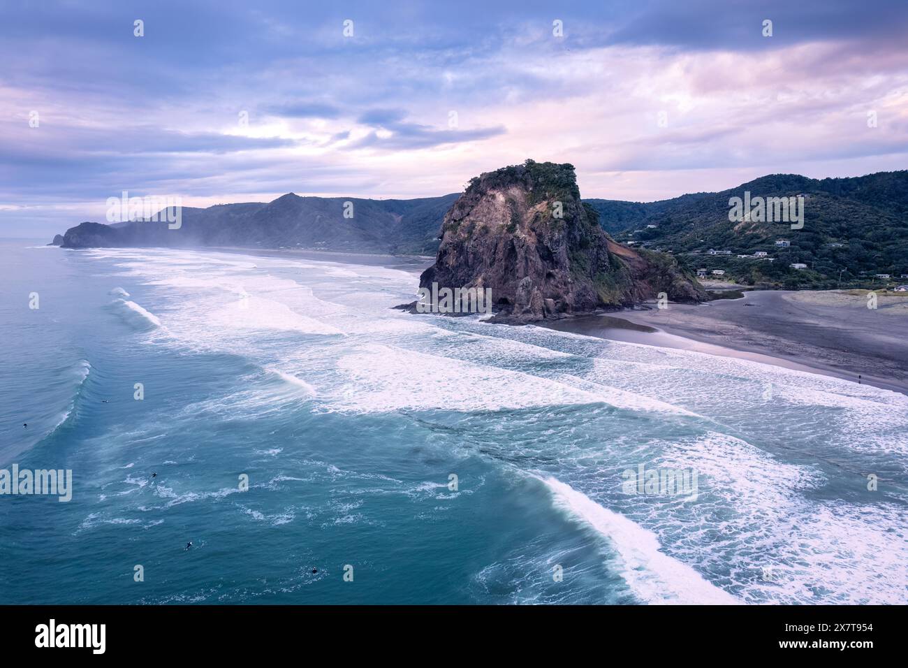 Aerial view of beautiful iconic Lion Rock and breaking wave on Piha ...