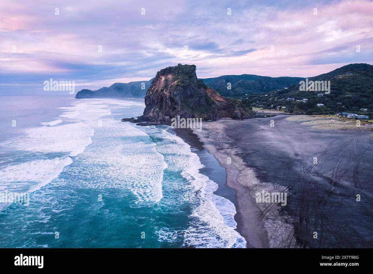 Aerial view of beautiful iconic Lion Rock and breaking wave on Piha ...