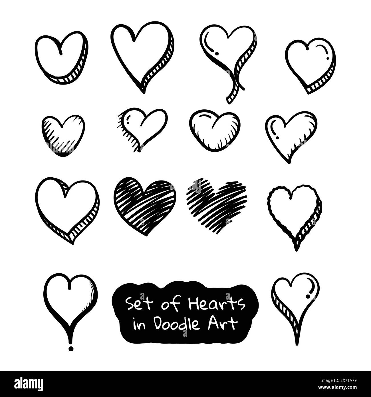Set of heart shapes in hand drawn design with simple 3d design in some ...