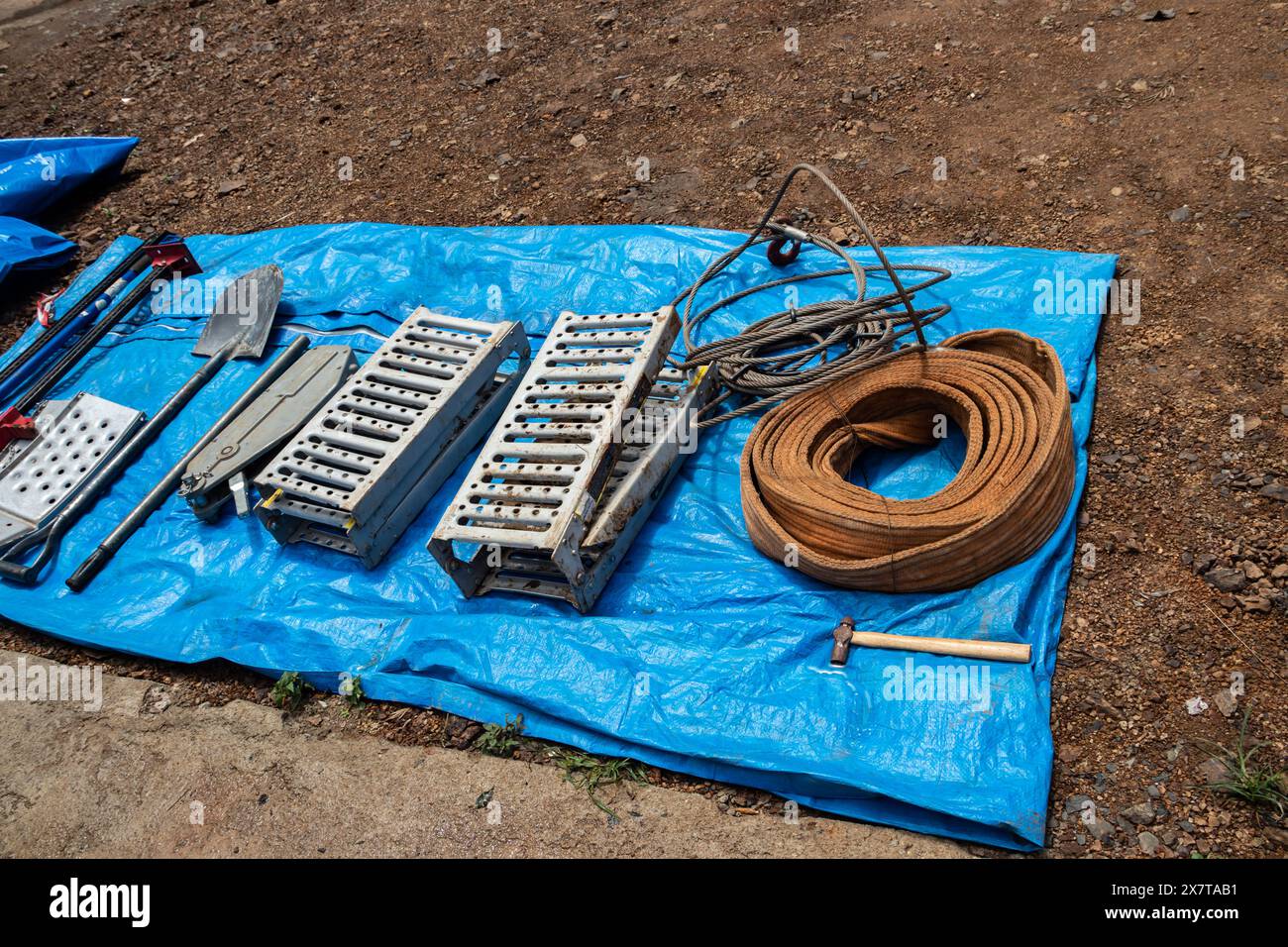 Recovery equipment for unstacking 4x4 vehicle out of muddy road ready ...