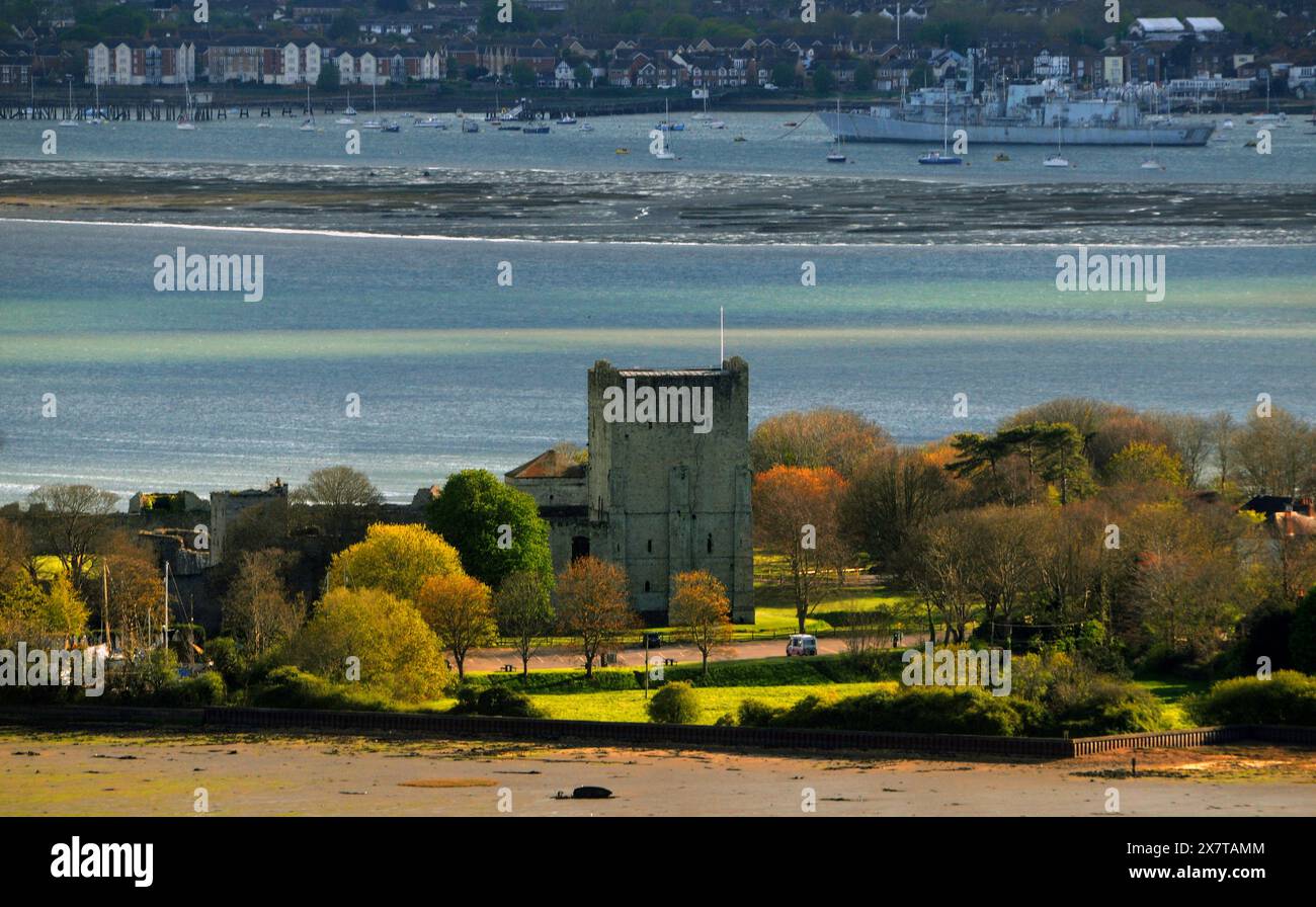 VIEW OF PORTSMOUTH HARBOUR, PORTCHESTER CASTLE FROM THE SLOPES OF ...