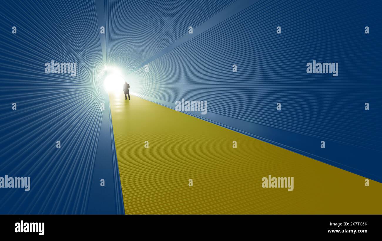 Concept or conceptual blue and yellow tunnel, the Ukrainian flag colors ...