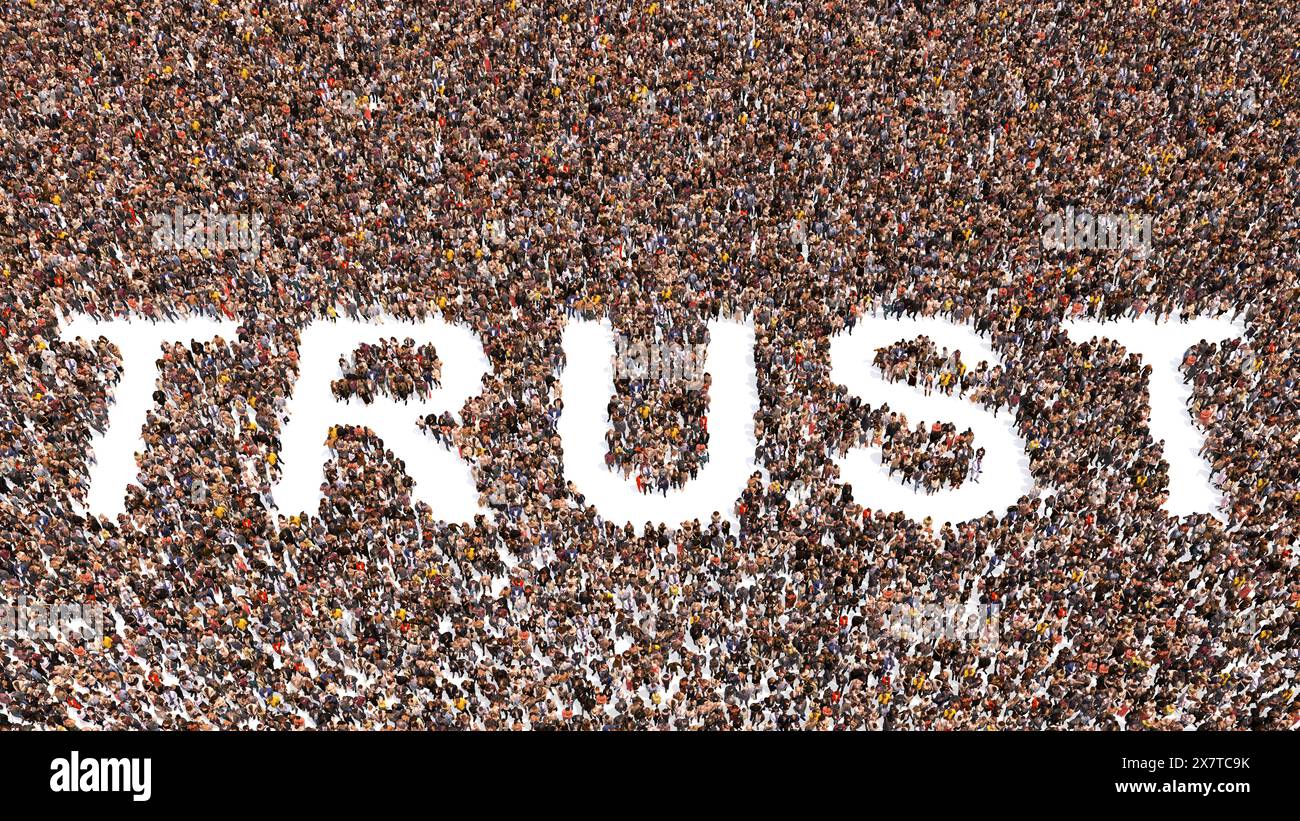 Conceptual large community of people forming TRUST word. 3d ...
