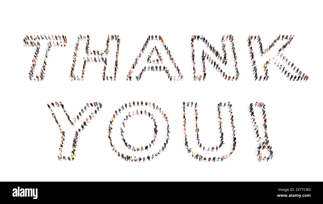 Conceptual large community of people forming THANK YOU message. 3d ...