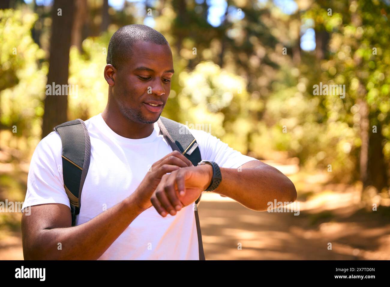 Young Active Man Checking Activity Monitor On Smart Watch Hiking Along ...