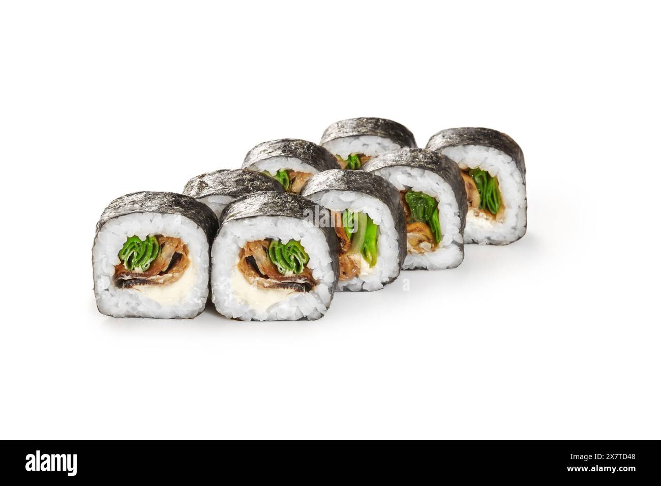 Set of appetizing norimaki rolls filled with eel, chopped scallions and ...