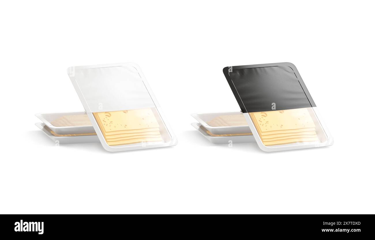 Blank black and white transparent cheese pack mockup stack, 3d ...