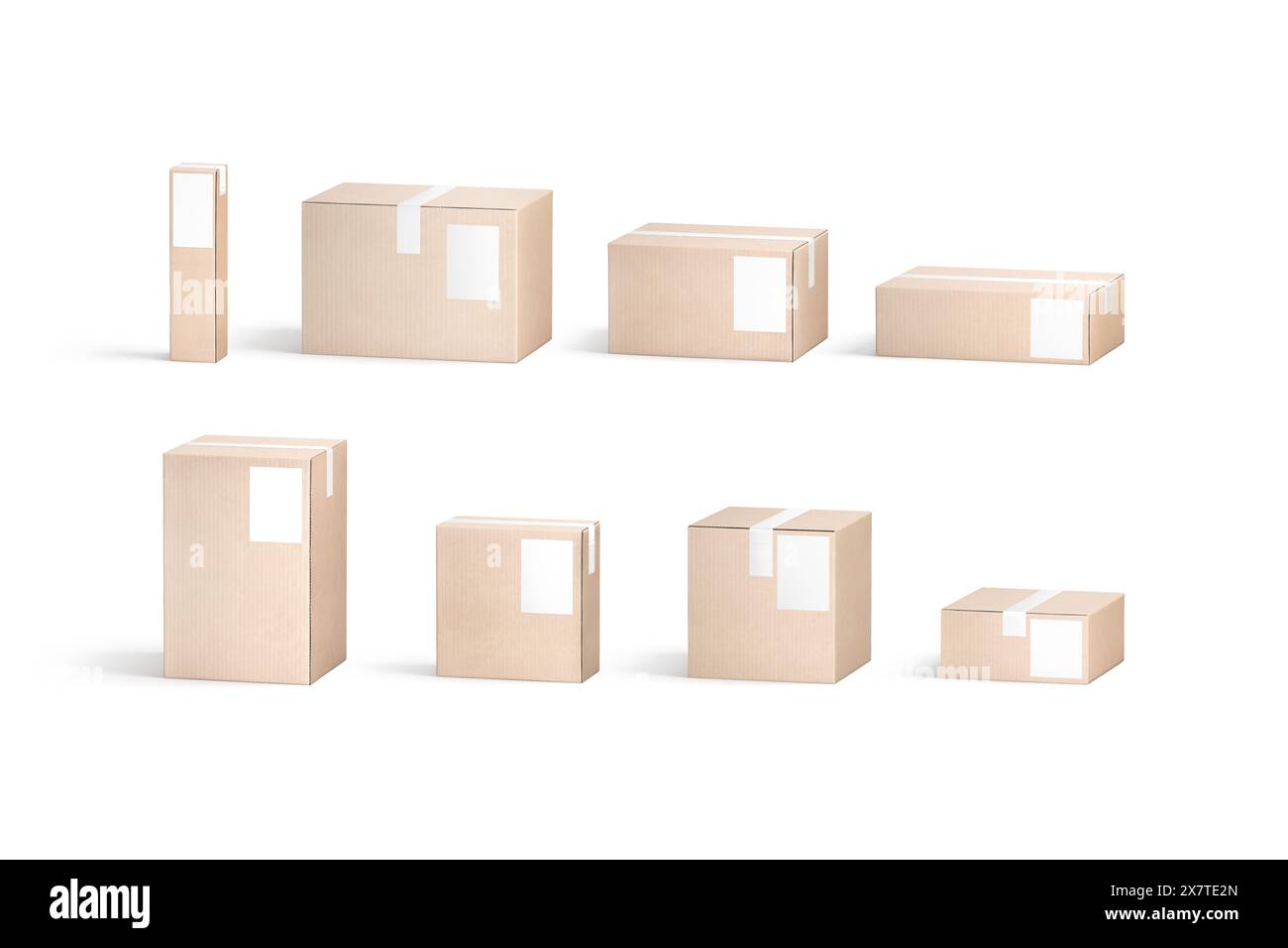 Blank white shipping label on craft box mockup, different shapes, 3d ...