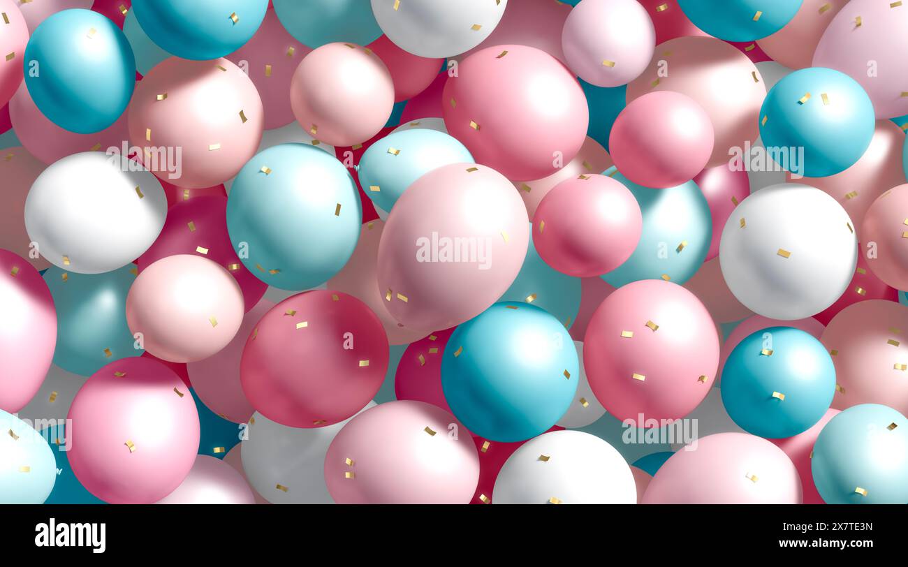Stack of oink and blue round balloons with confetti mockup, 3d ...
