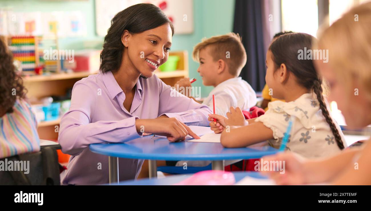 Female Primary Or Elementary School Teacher Helping Students At Desks ...